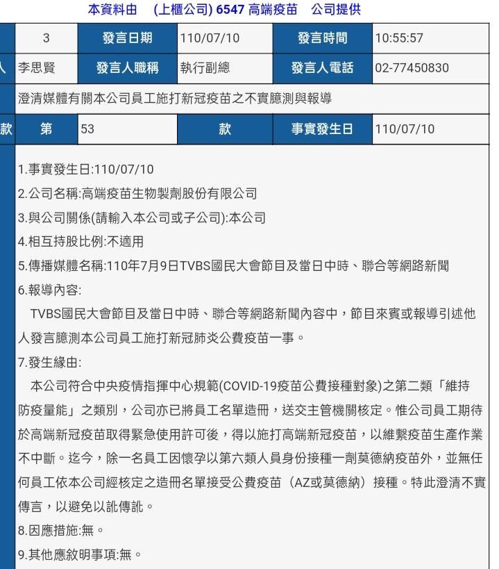 6547 高端疫苗 - 除一名懷孕員工已經施打莫德納，...｜CMoney 股市爆料同學會