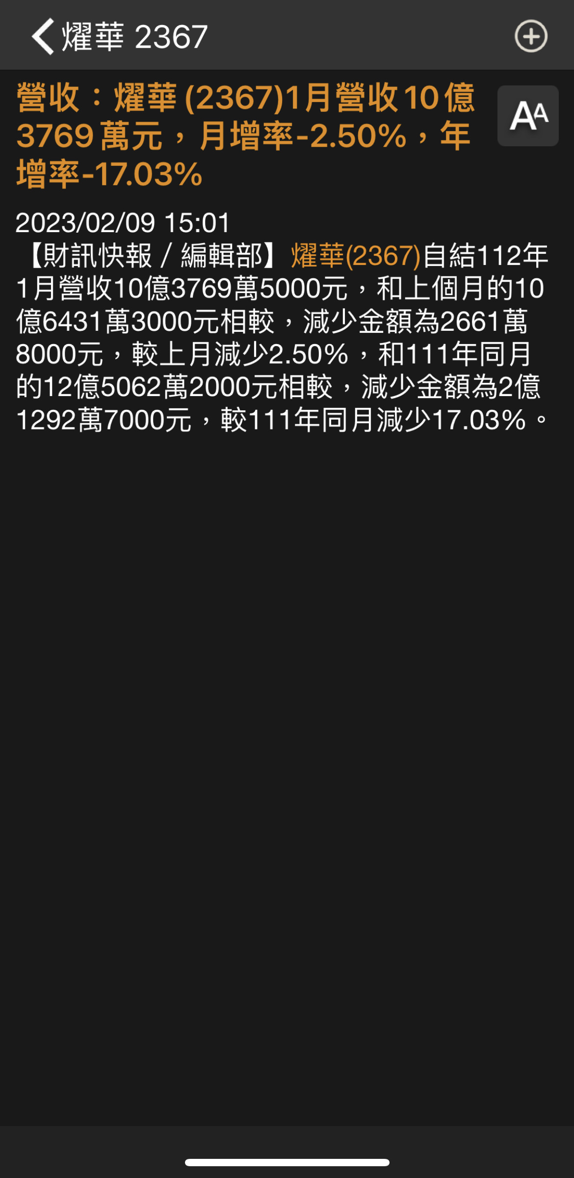 2367 燿華 - 月減2.5% 年減17.03%｜CMoney 股市爆料同學會