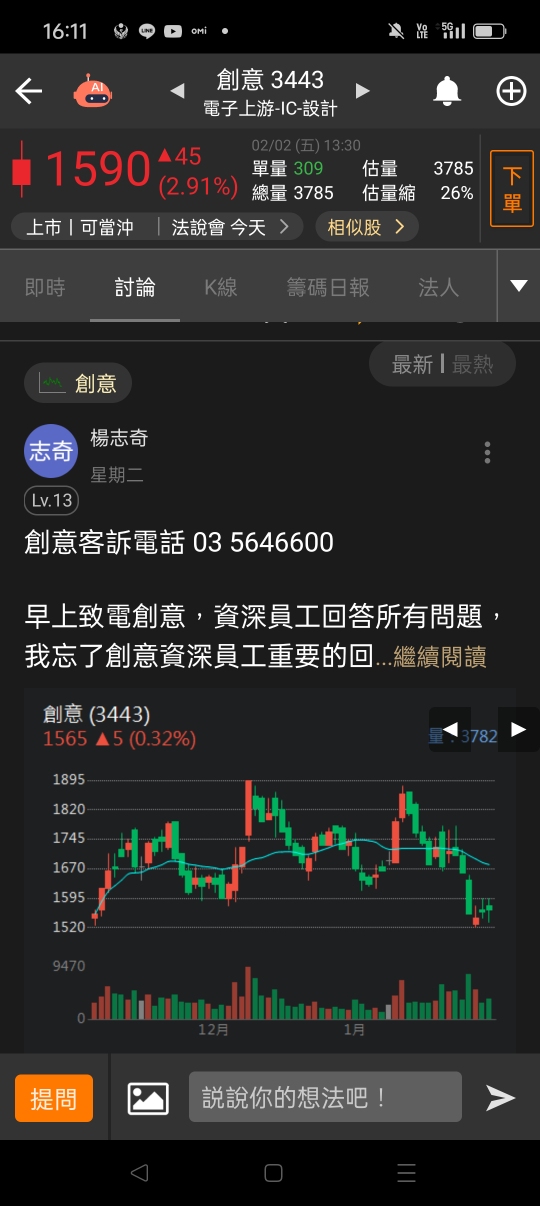 3443 創意 - 客訴電話在此，歡迎各位股東使用...｜CMoney 股市爆料同學會